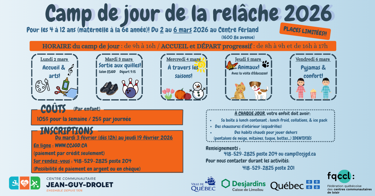 Les inscriptions pour le camp de jour de la relâche 2026 sont en cours ...